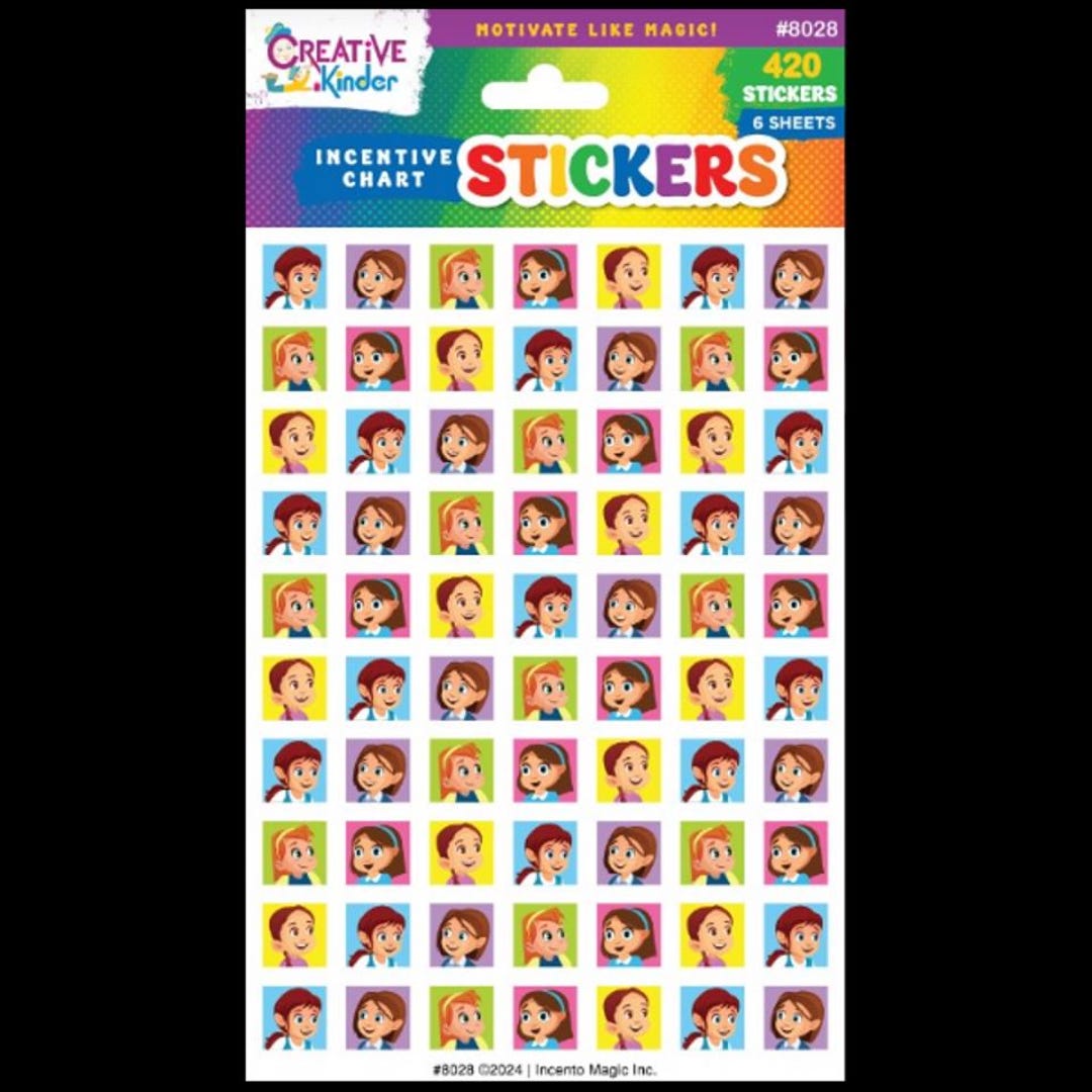 Girl Character Face Square Stickers – 25 Sheets (420 Pack) | Fun Reward ...