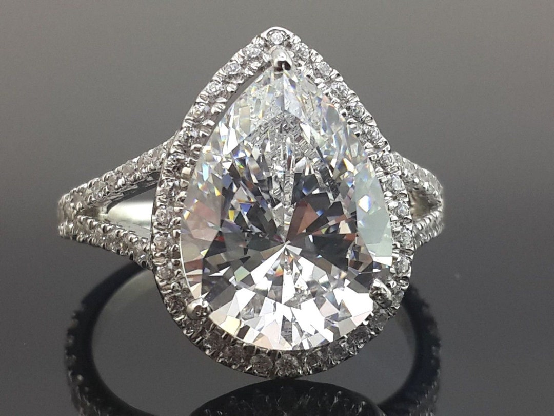 Pear Cut Halo Engagement Ring | 925 Sterling Silver Split Shank CZ ...