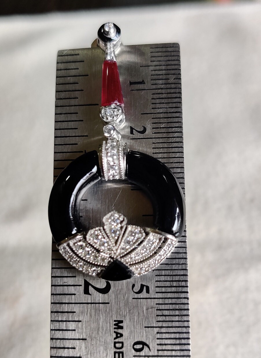Art Deco Black Onyx Diamond Earrings 925 Sterling Silver Red Ruby Handmade CZ Jewelry / Elegant ...