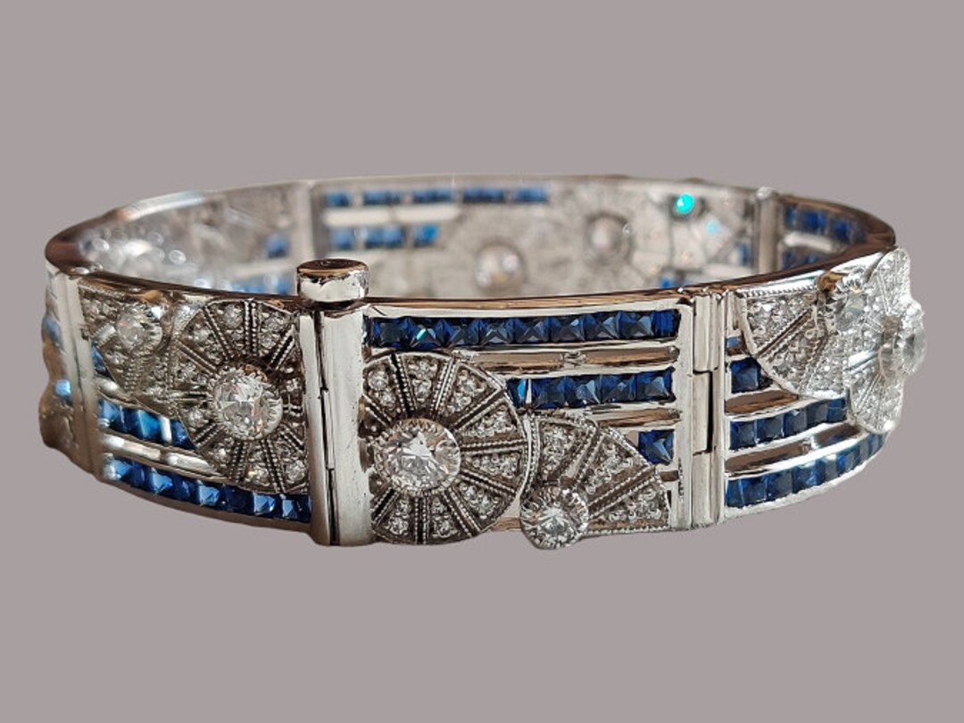 6 Ct White & Blue Princess Cut Diamond Art Deco Bracelet in Solid 925 ...