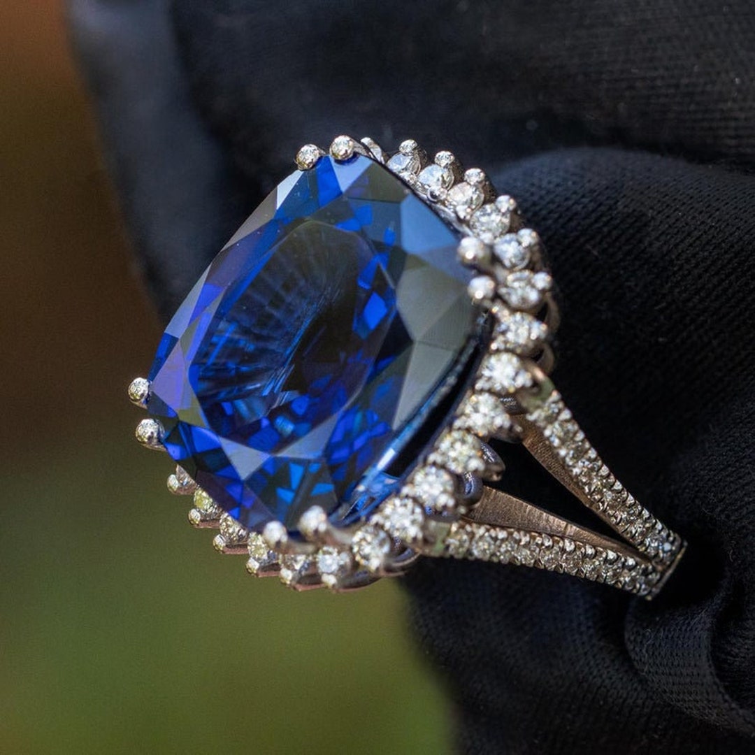 Big Blue Square Cushion Cocktail Halo Ring, Large Blue Stone Ring for ...