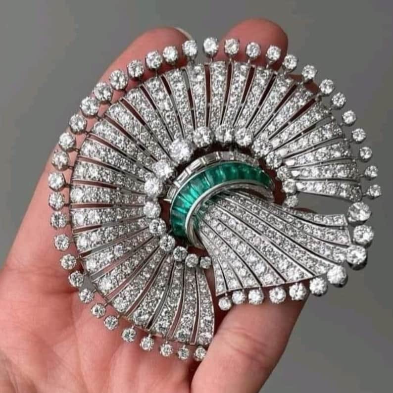 Syn Emerald Baguette Art Deco Brooch Pin 925 Sterling Silver Lab ...