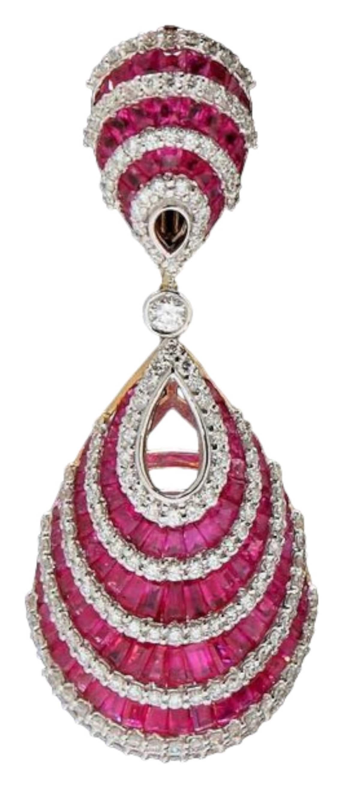 Tear Drop Ruby Baguette Cut With Round CZ Dangle Earrings, Pink Wedding ...