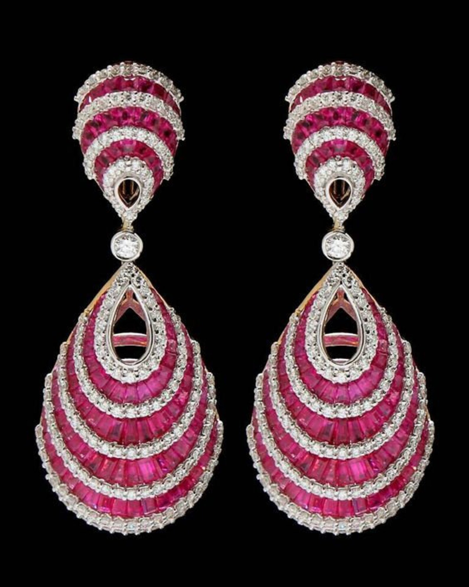 Tear Drop Ruby Baguette Cut With Round CZ Dangle Earrings, Pink Wedding ...