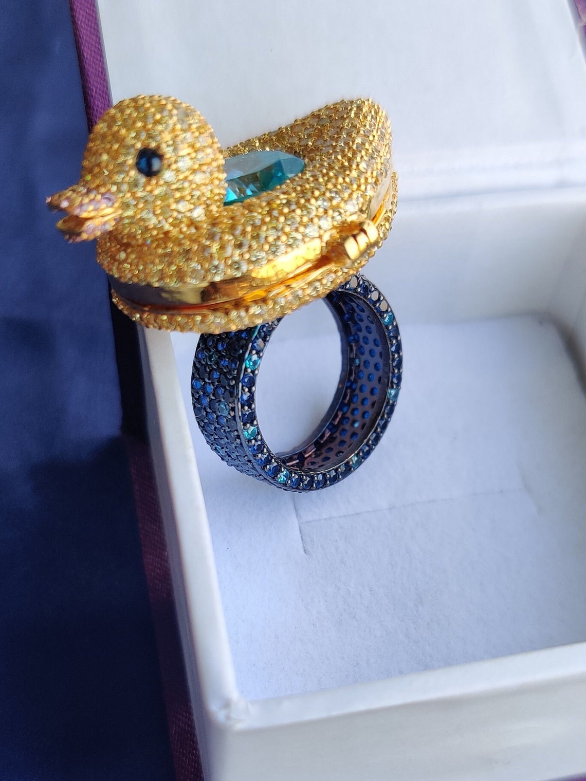 Cute Duck Ring Blue & Yellow CZ Ring Statement Ring for Women 925 ...