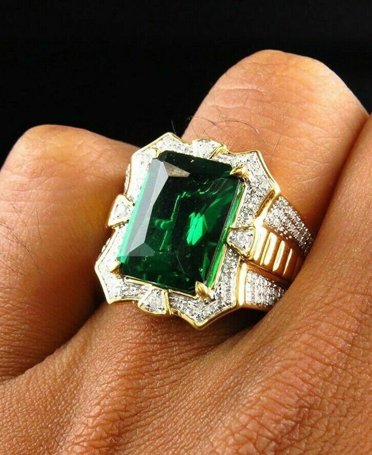 Men's Emerald Ring, Men's 3.89 Ct Green Emerald and CZ Diamond Designer ...