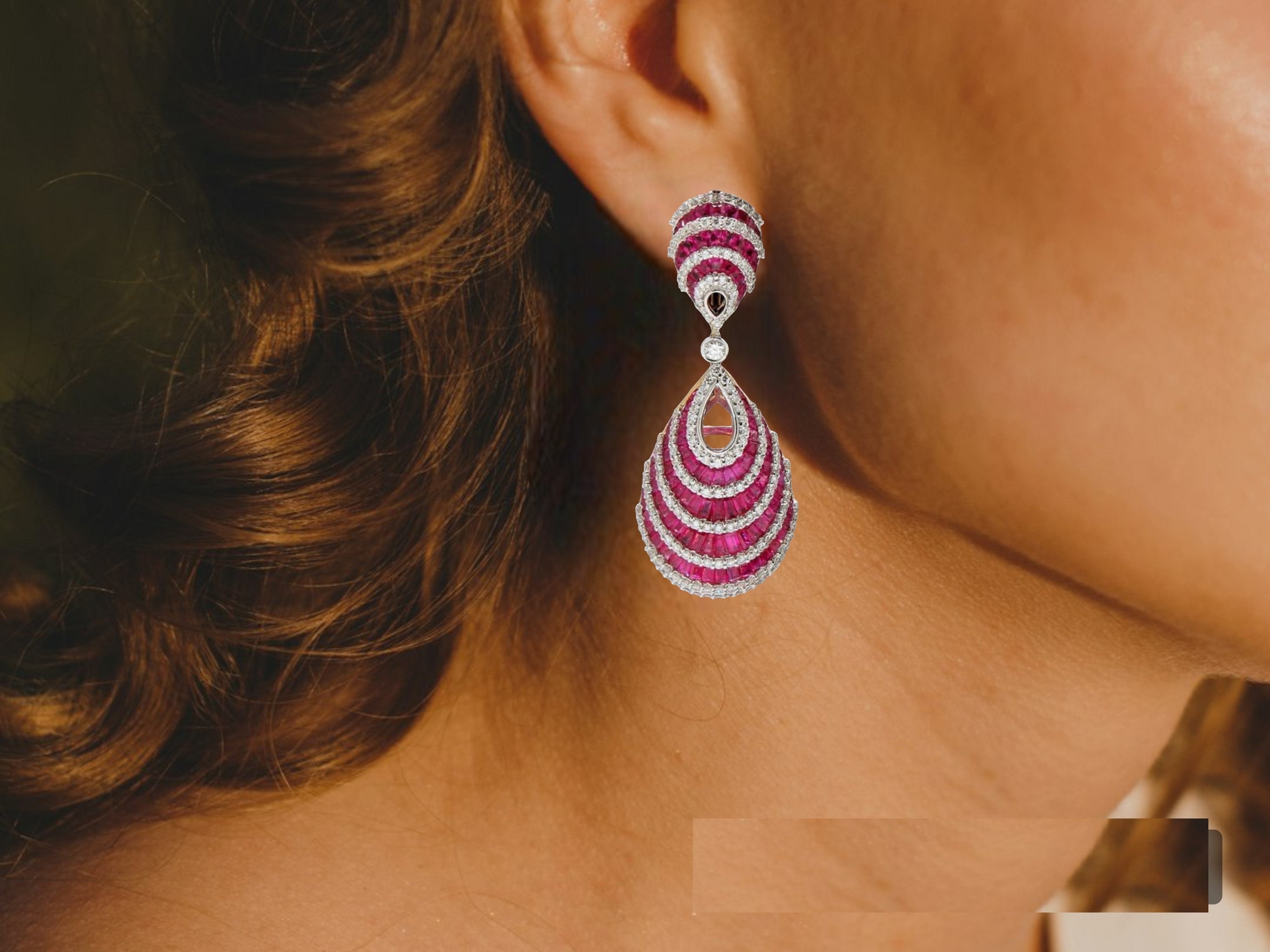 Tear Drop Ruby Baguette Cut With Round CZ Dangle Earrings, Pink Wedding ...