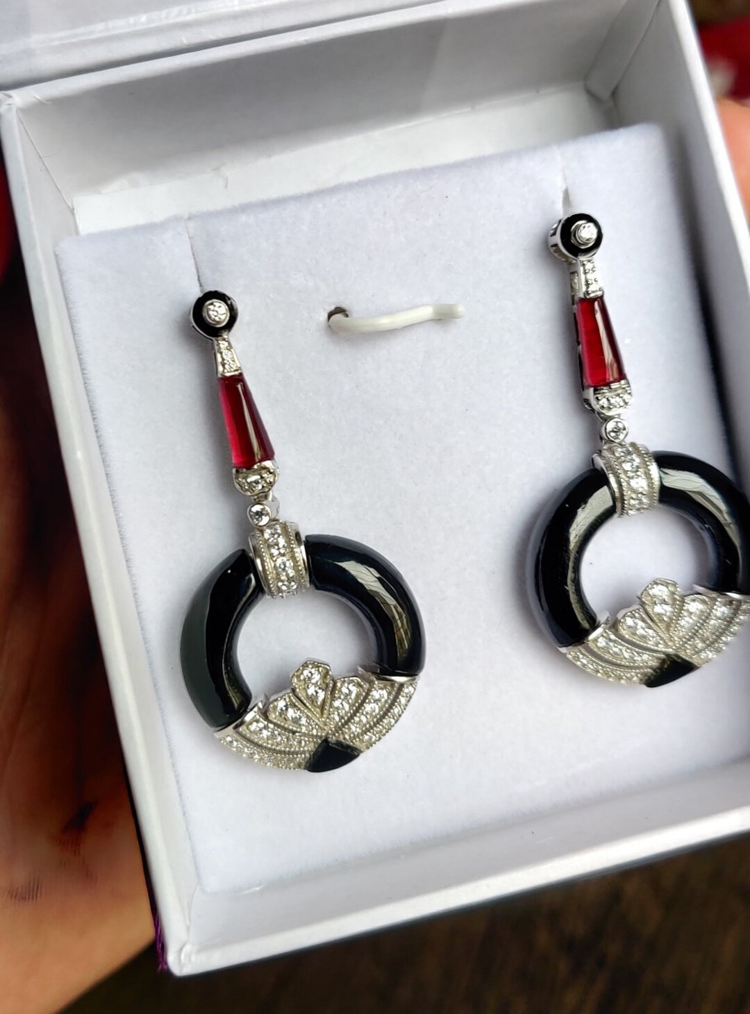 Art Deco Black Onyx Diamond Earrings 925 Sterling Silver Red Ruby Handmade CZ Jewelry / Elegant ...