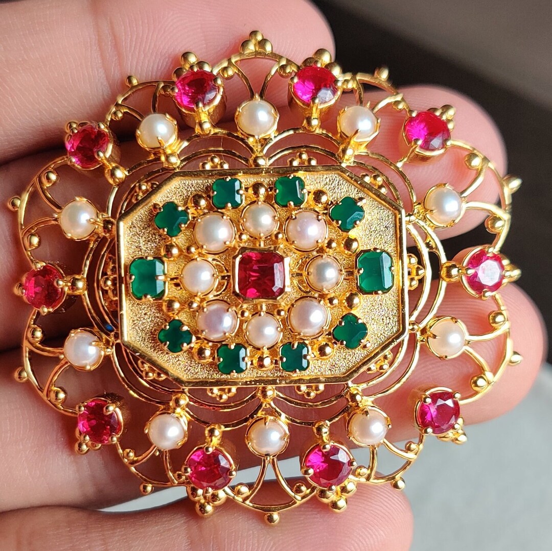 Victorian Anglo-indian Brooch Pin 925 Silver, Studded Emerald, Ruby and ...