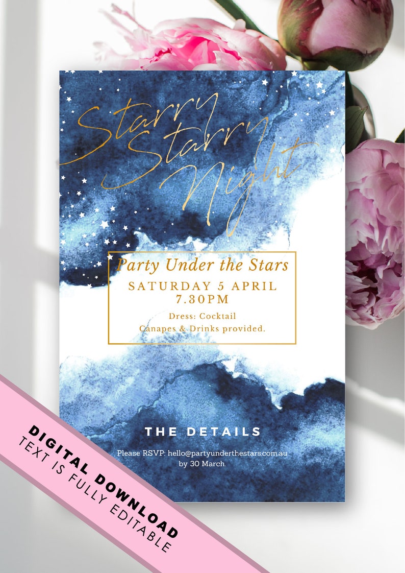 Watercolour Starry Night Party Invitation Template, Fully Editable - Etsy