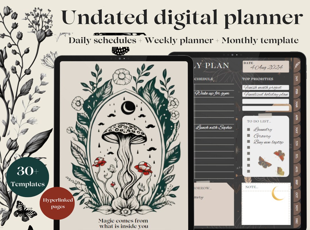 Undated Witchy Digital Planner Dark Mode, Free Stickers, Modern Witch ...