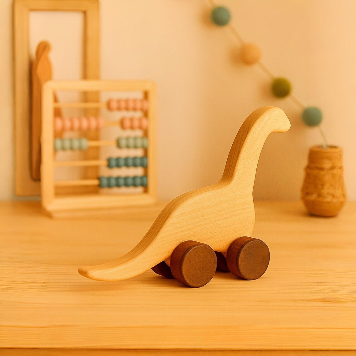 Handmade Wooden Dinosaur Toy on Wheels – Montessori Push Toy for ...