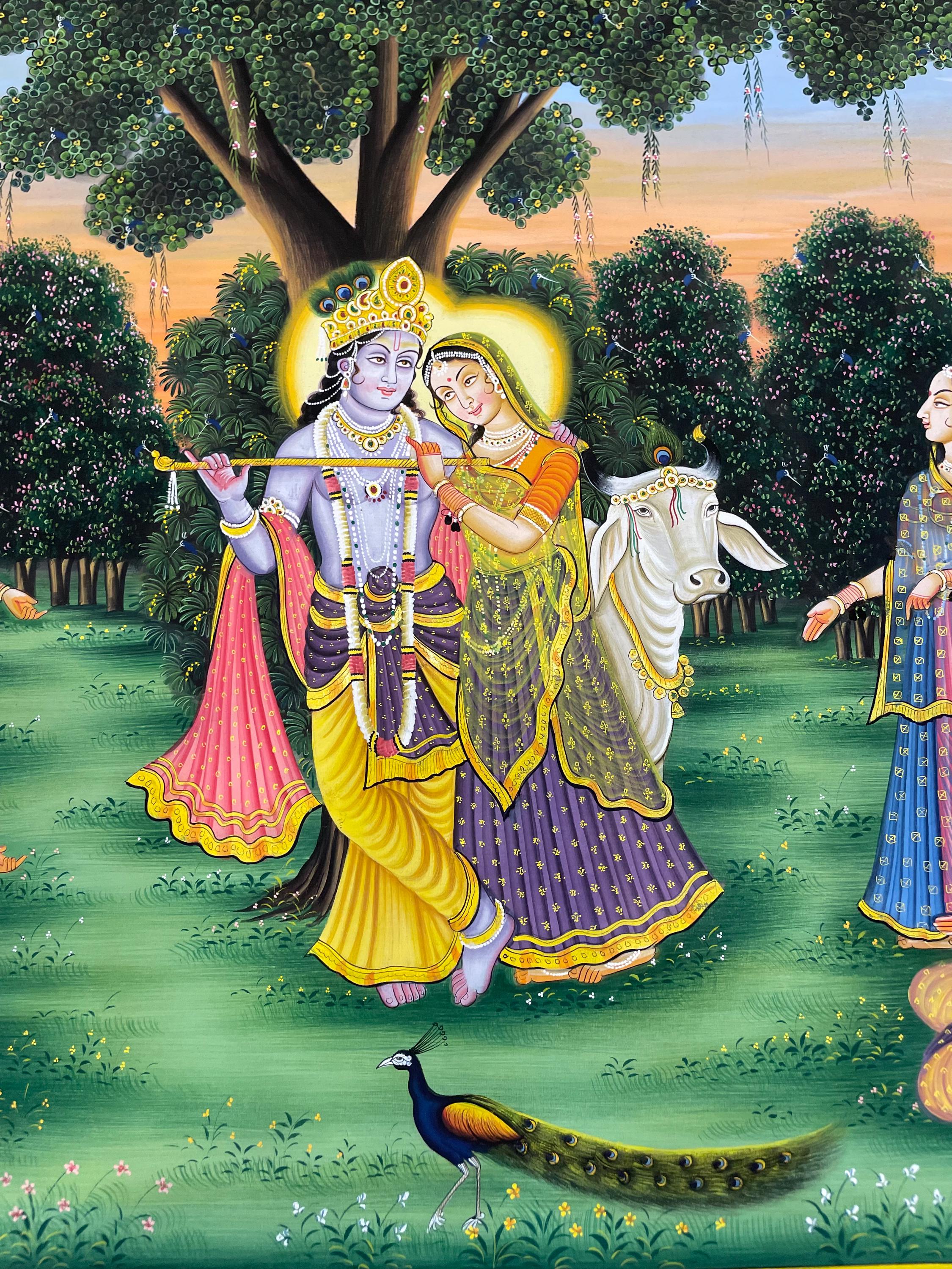 Radha-krishna With Gopis Hand Painting, Vrindavan Ras Leela Scene, Hare ...