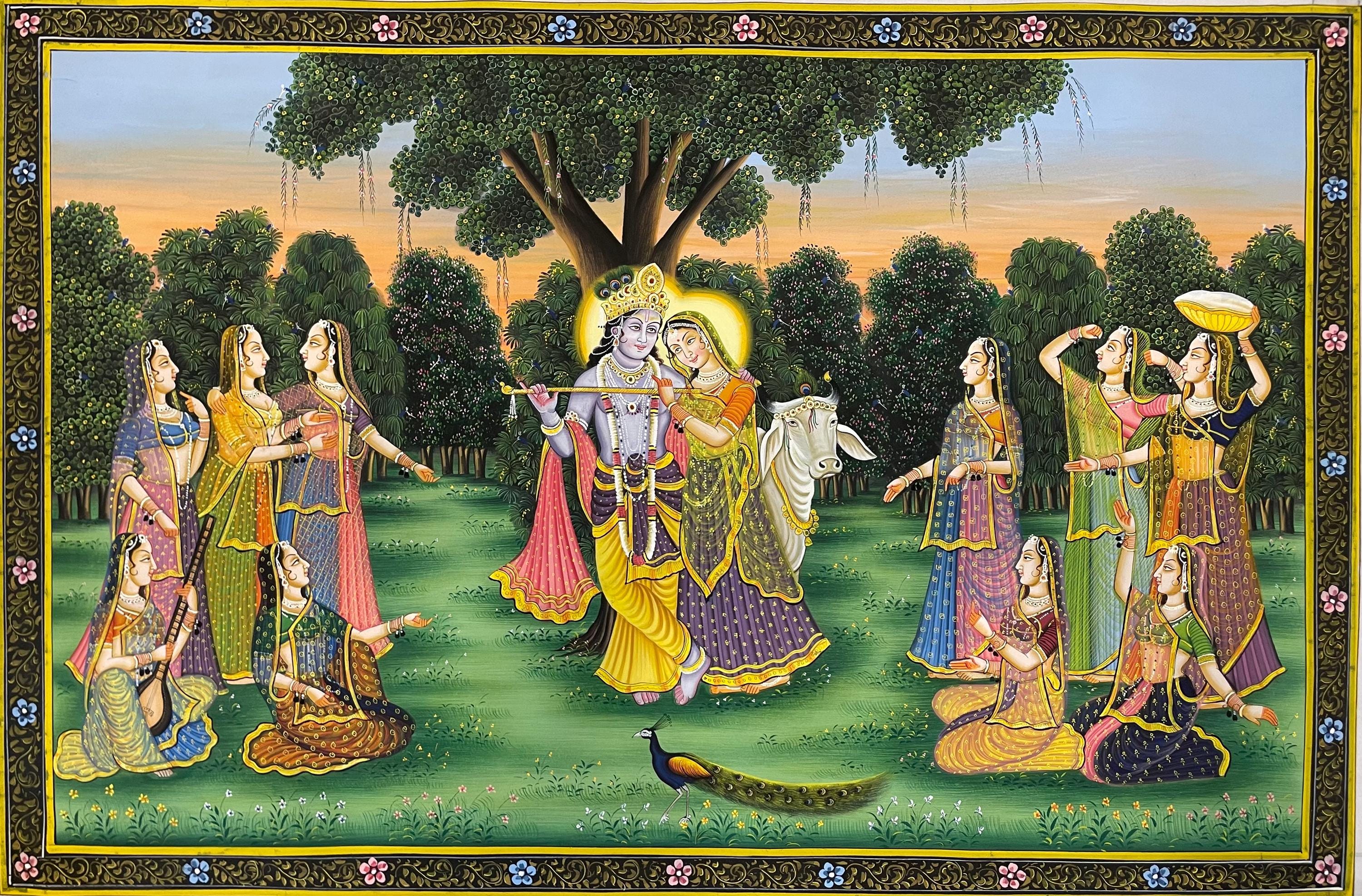 Radha-krishna With Gopis Hand Painting, Vrindavan Ras Leela Scene, Hare ...