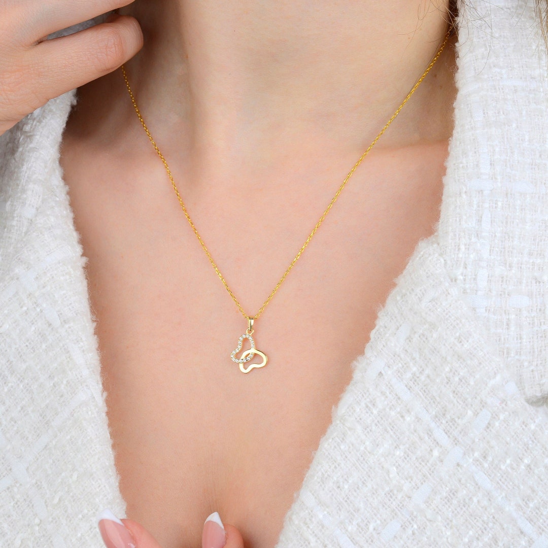 Interlocking Double Heart Necklace 14K Solid Gold Two Heart - Etsy