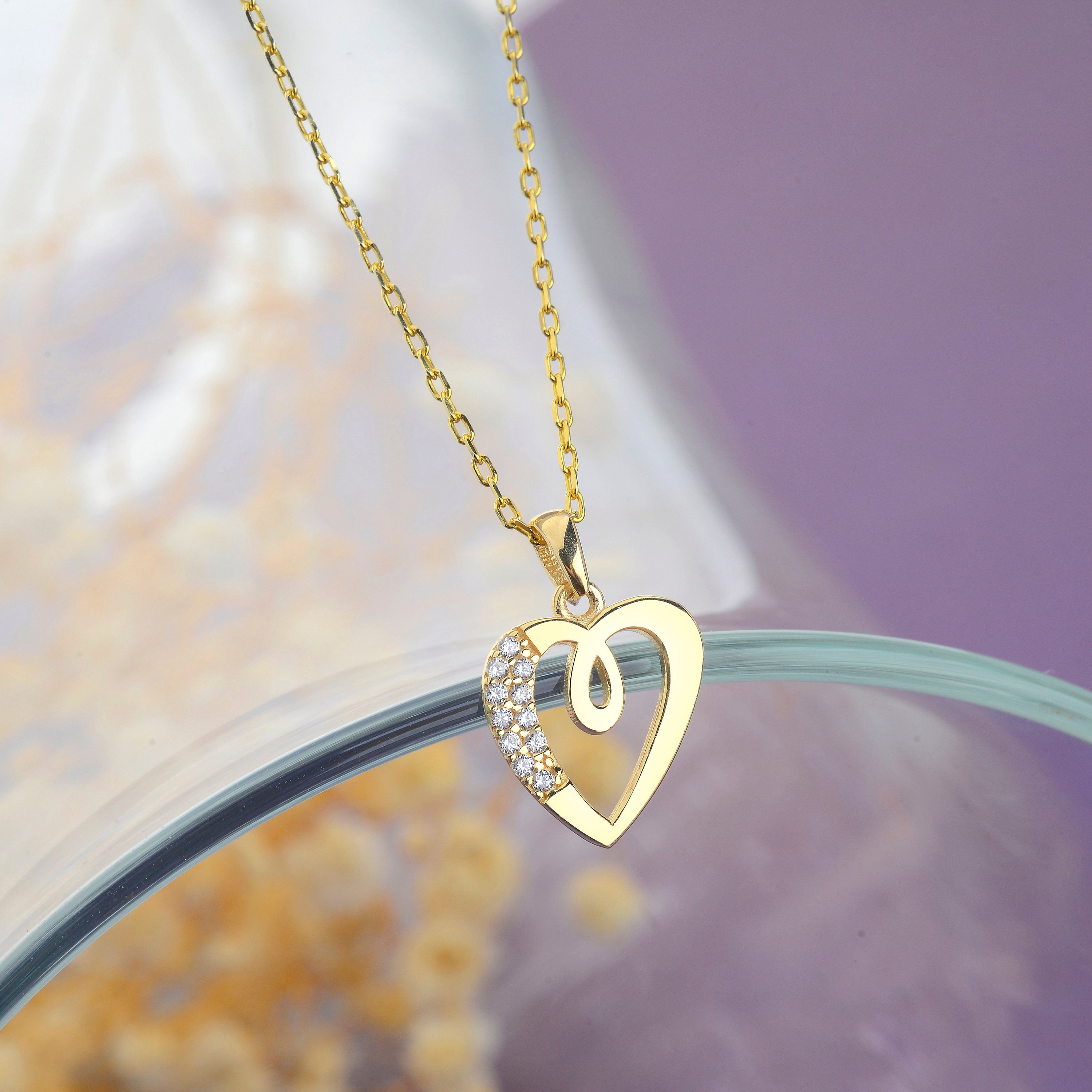 14K Gold Floating Heart Necklace Solid Gold Open Heart - Etsy