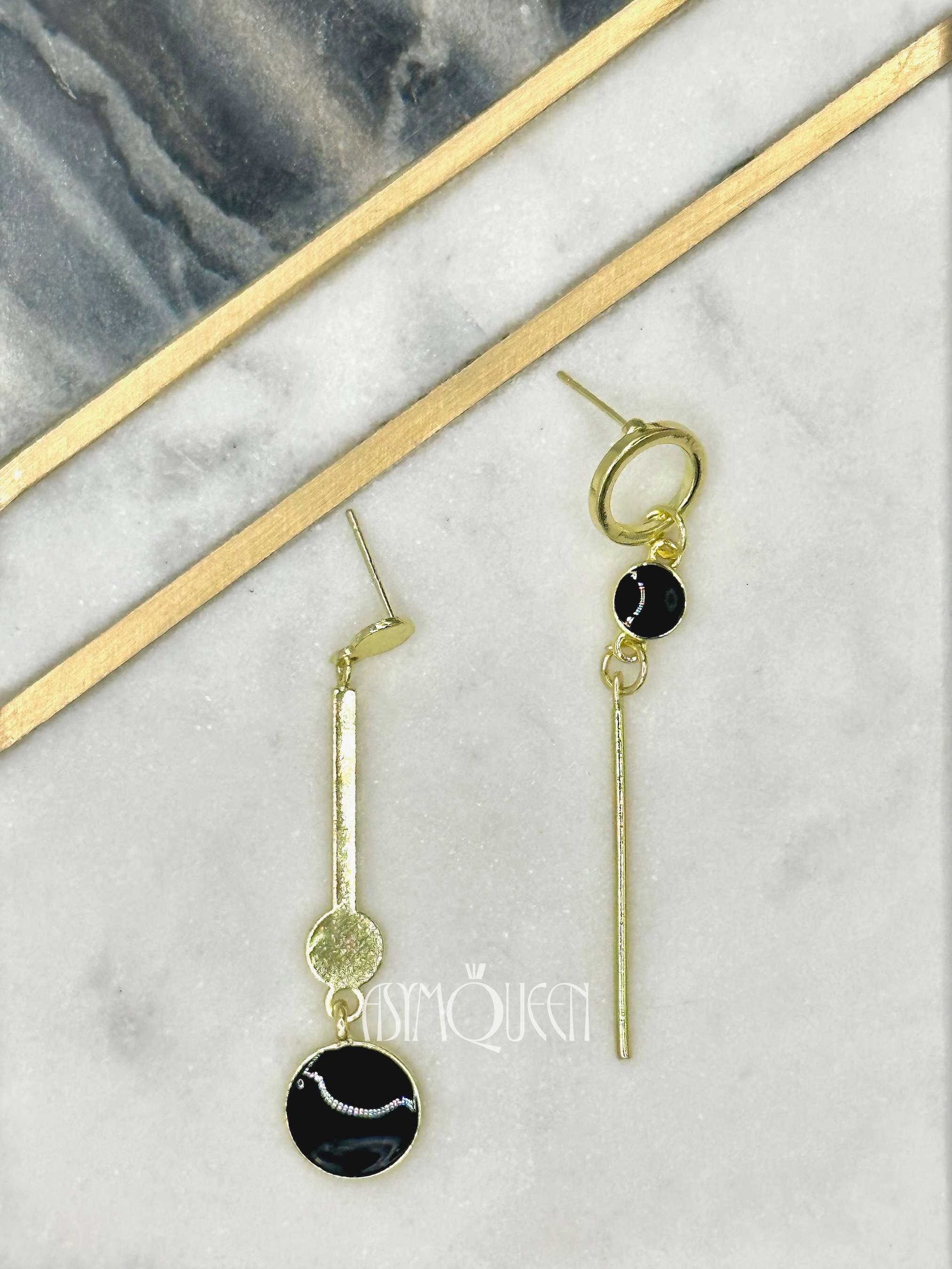Mismatched Dangle Earrings, Black and Gold Drop Earrings, Mismatched ...