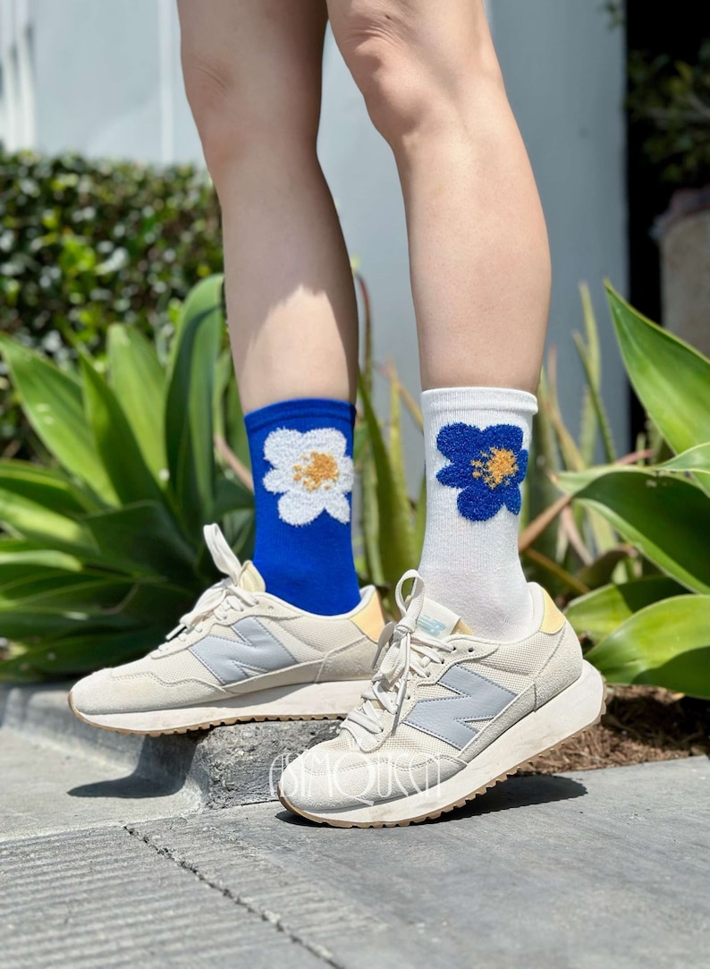 Mismatched Floral Socks, Blue and White Flower Ankle Socks - Etsy