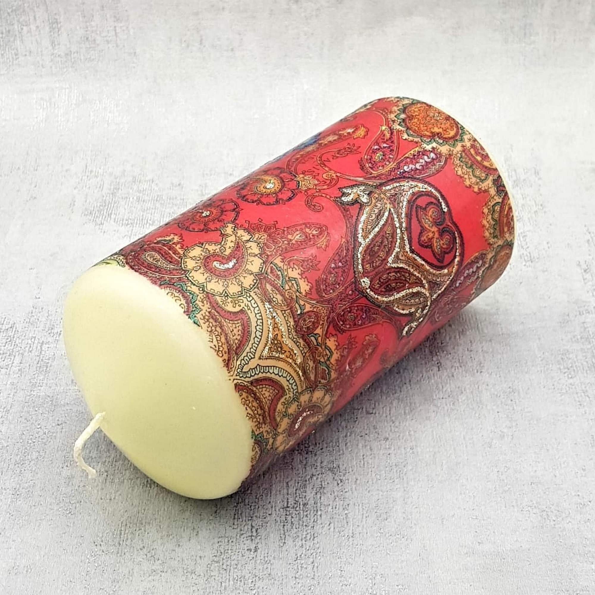 Decorative Paisley Pattern Pillar Candle Red and Gold Candle - Etsy