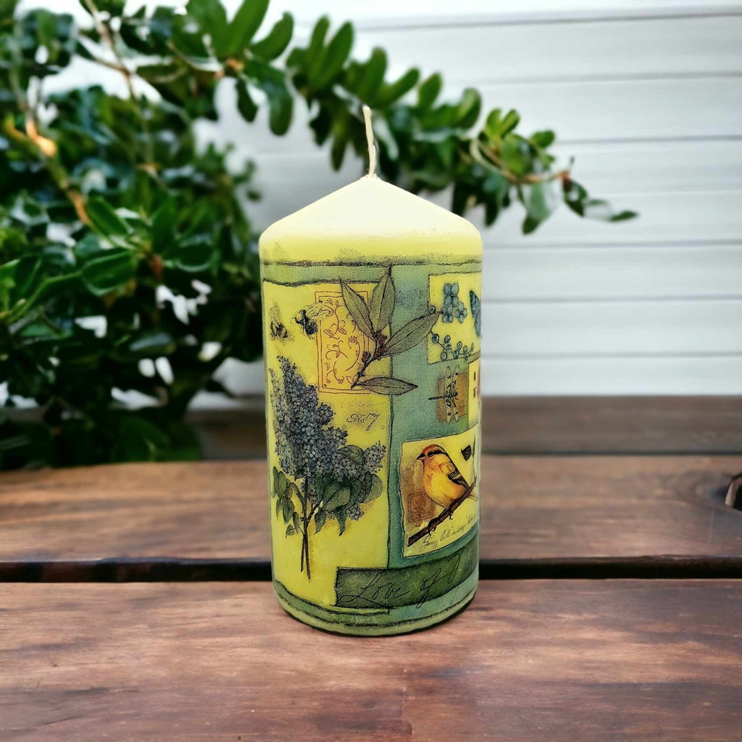 Decorative Candle, Spring Collage House Decor, Floral Pillar Candle ...