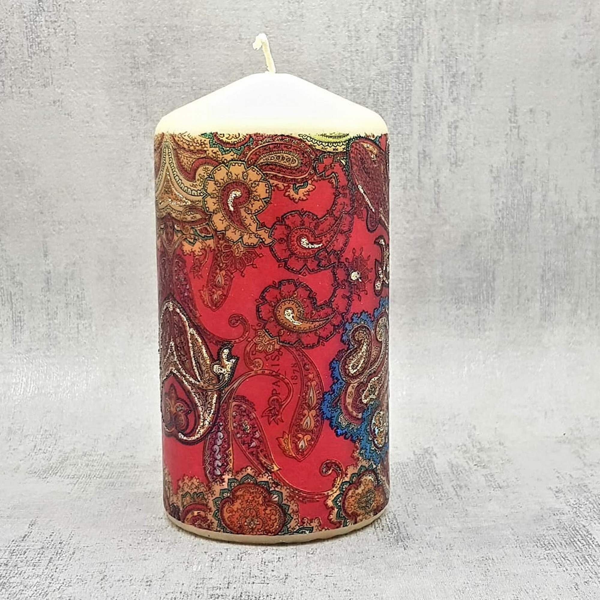 Decorative Paisley Pattern Pillar Candle Red and Gold Candle - Etsy