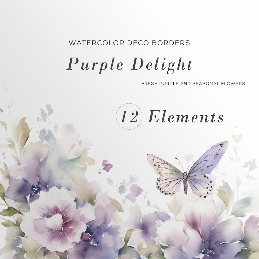 Purple Watercolor Floral Borders, 12 High Quality Pngs, Wedding ...