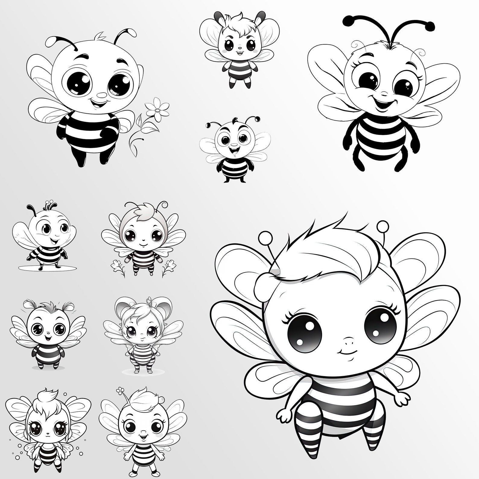 Cute Bee Clip Art, Black and White Bee PNG Bundle, Honey Bee Art, Busy ...