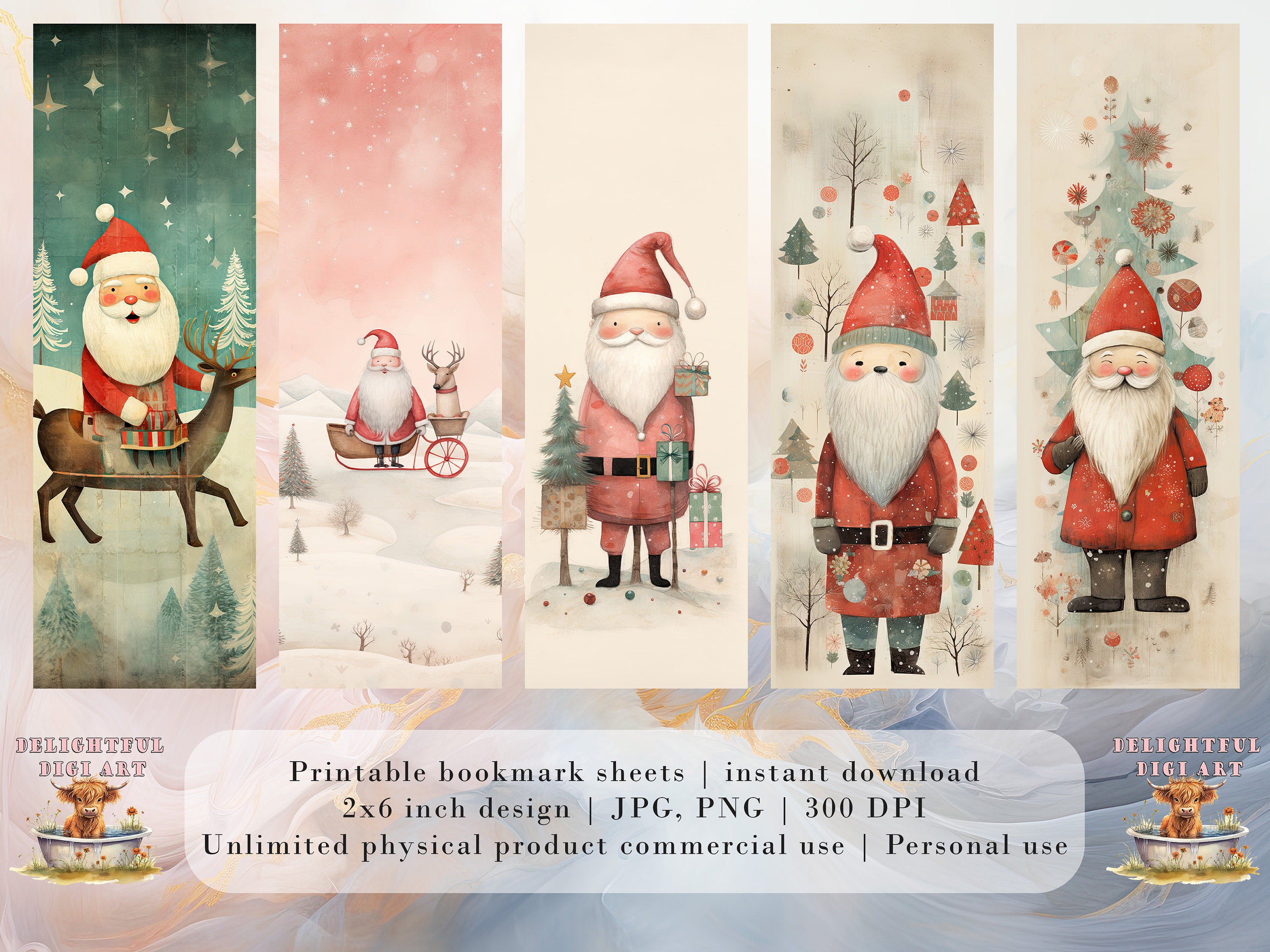 Cute Santa Printable Bookmarks: JPG Bookmark Sheets| PNG Bookmark ...