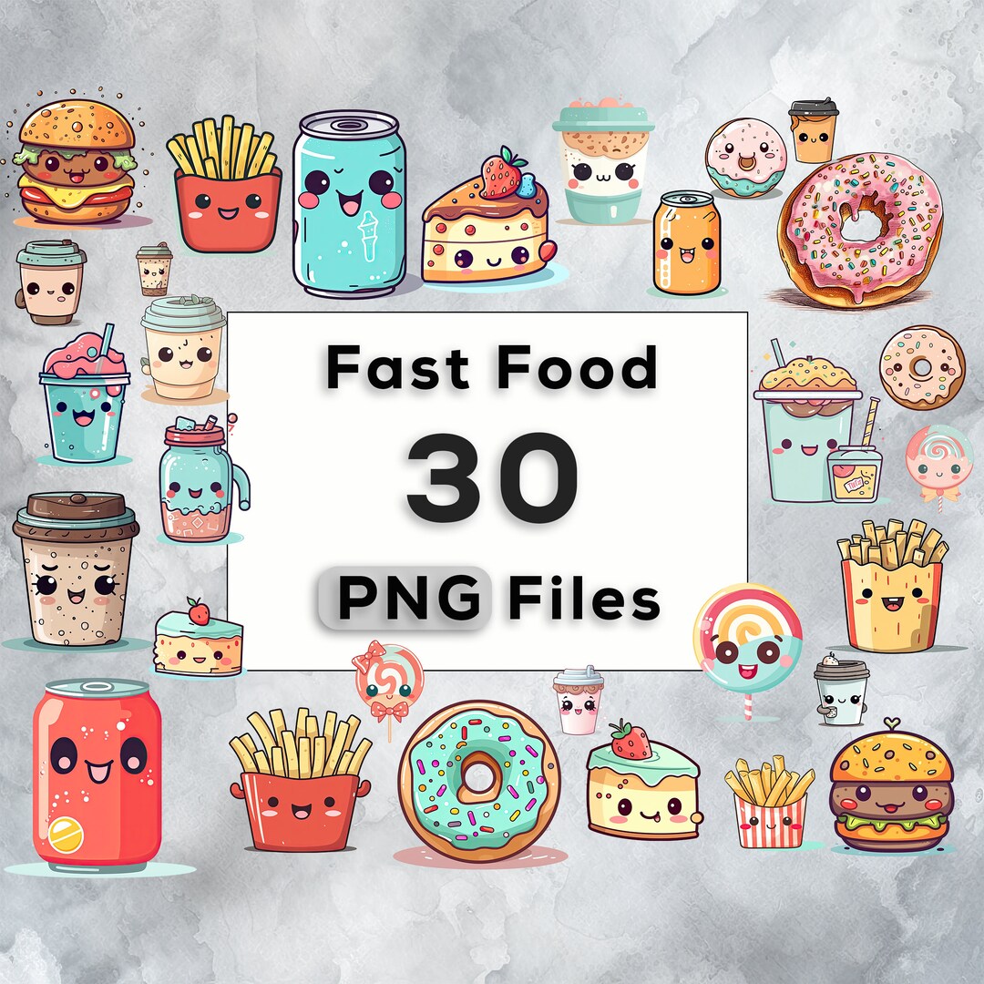 Kawaii Fast Food Clipart, Fast Food PNG Bundle, Fries Donut Coffee ...