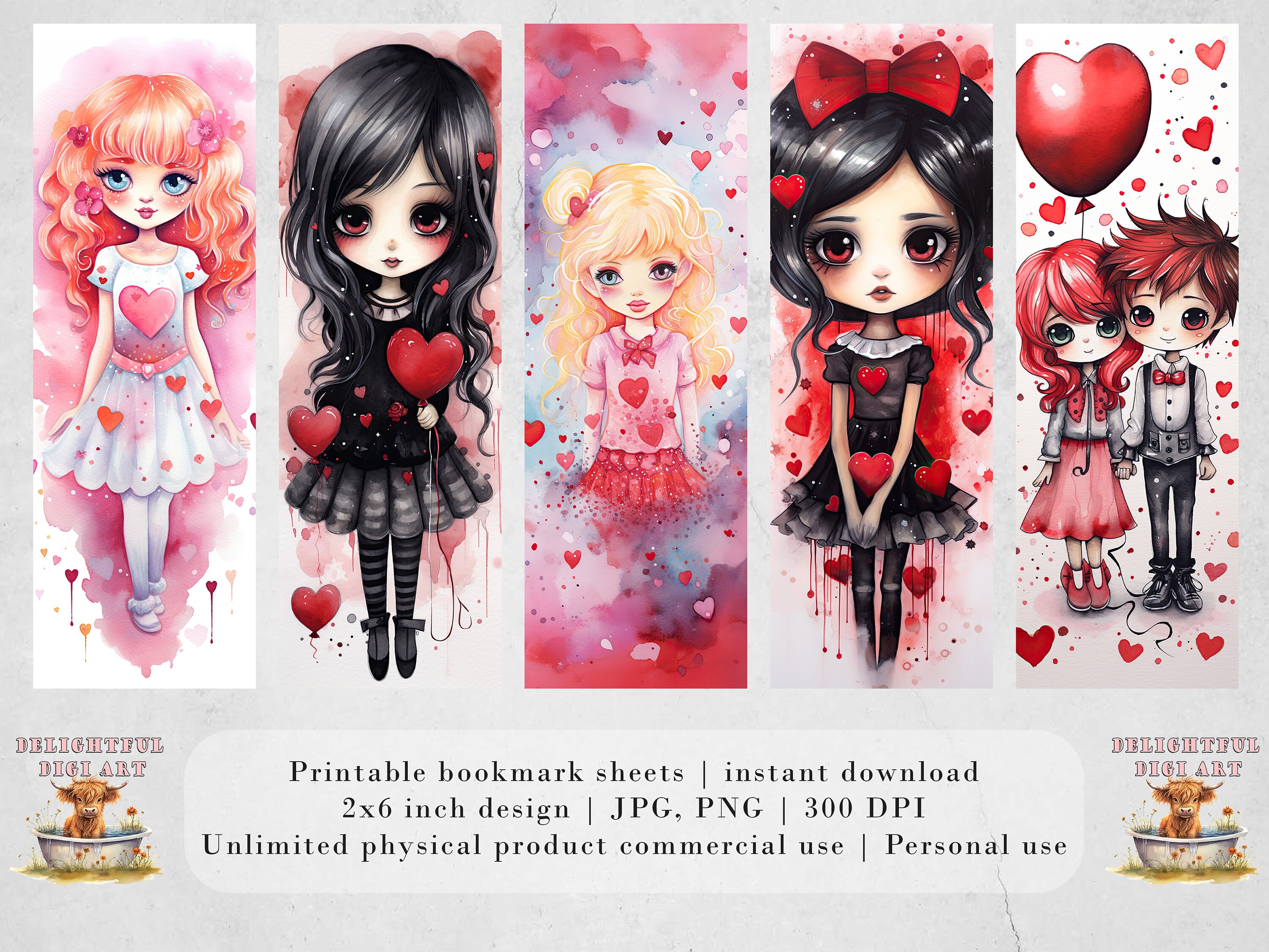 Chibi Valentines Watercolor Printable Bookmarks| Digital Download JPG ...