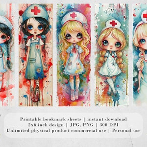 15 Chibi Nurses Watercolor Printable Bookmarks| Set of JPG Bookmarks ...