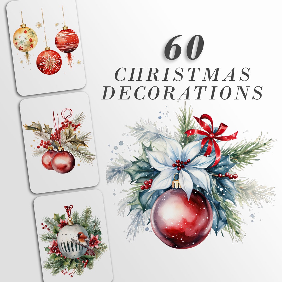60 Christmas Decorations Clipart: Watercolor Ornaments for Crafts and ...