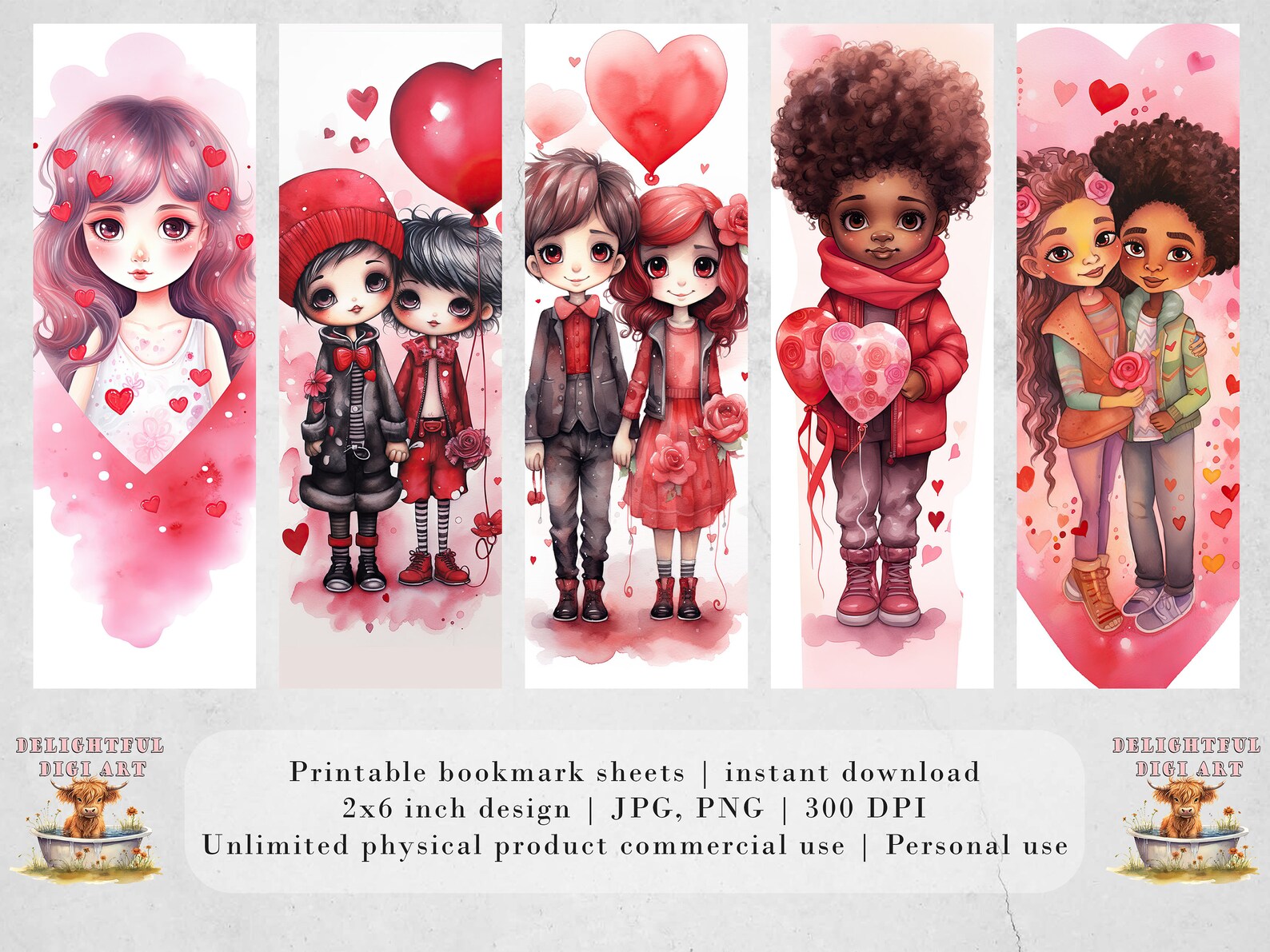 Chibi Valentines Watercolor Printable Bookmarks| Digital Download JPG ...