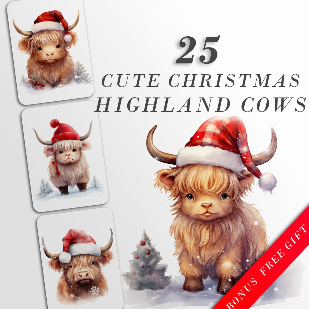 Watercolor Christmas Highland Cows Clipart: Cow Art for Christmas ...