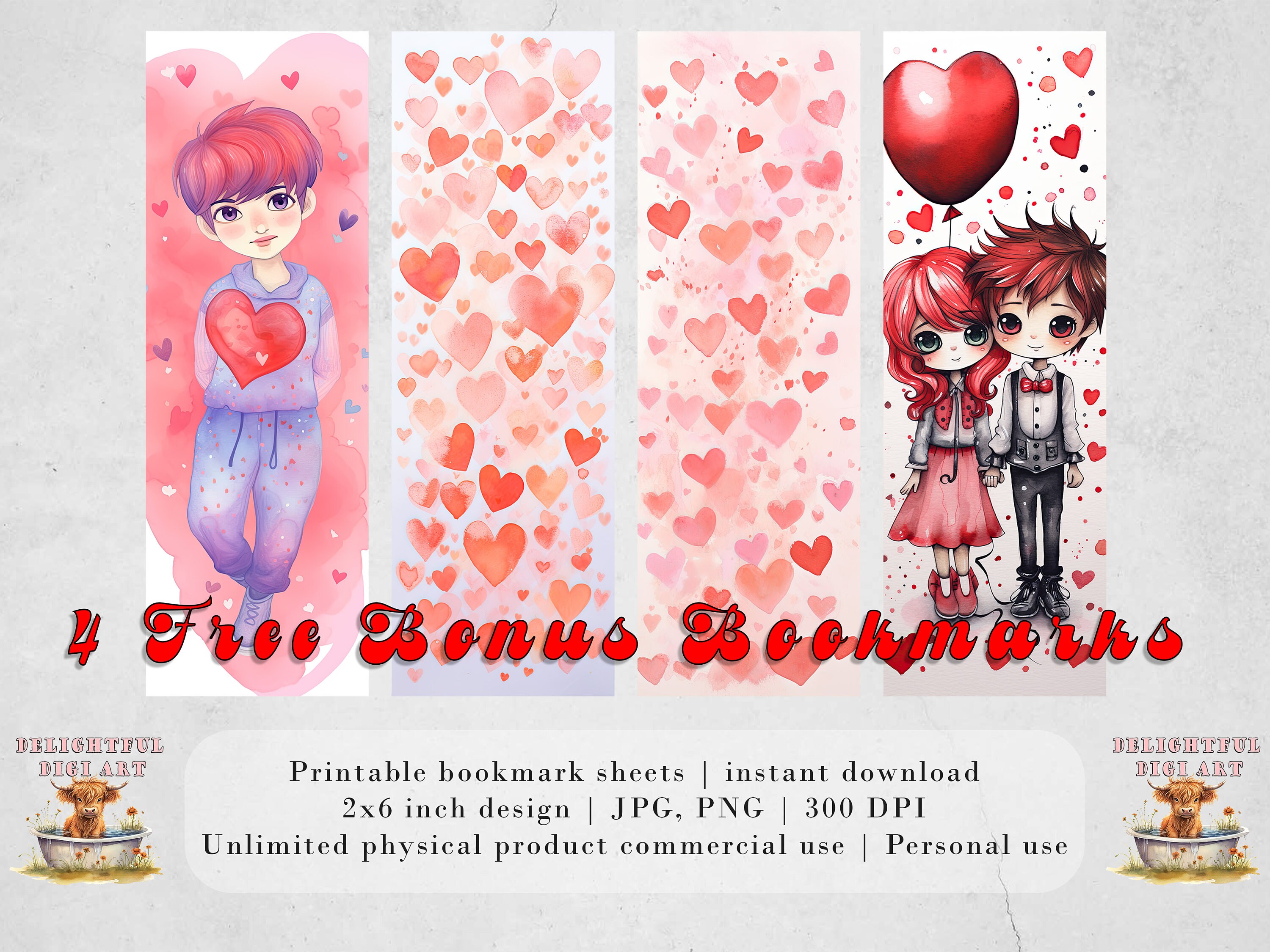 Chibi Valentines Watercolor Printable Bookmarks| Digital Download JPG ...