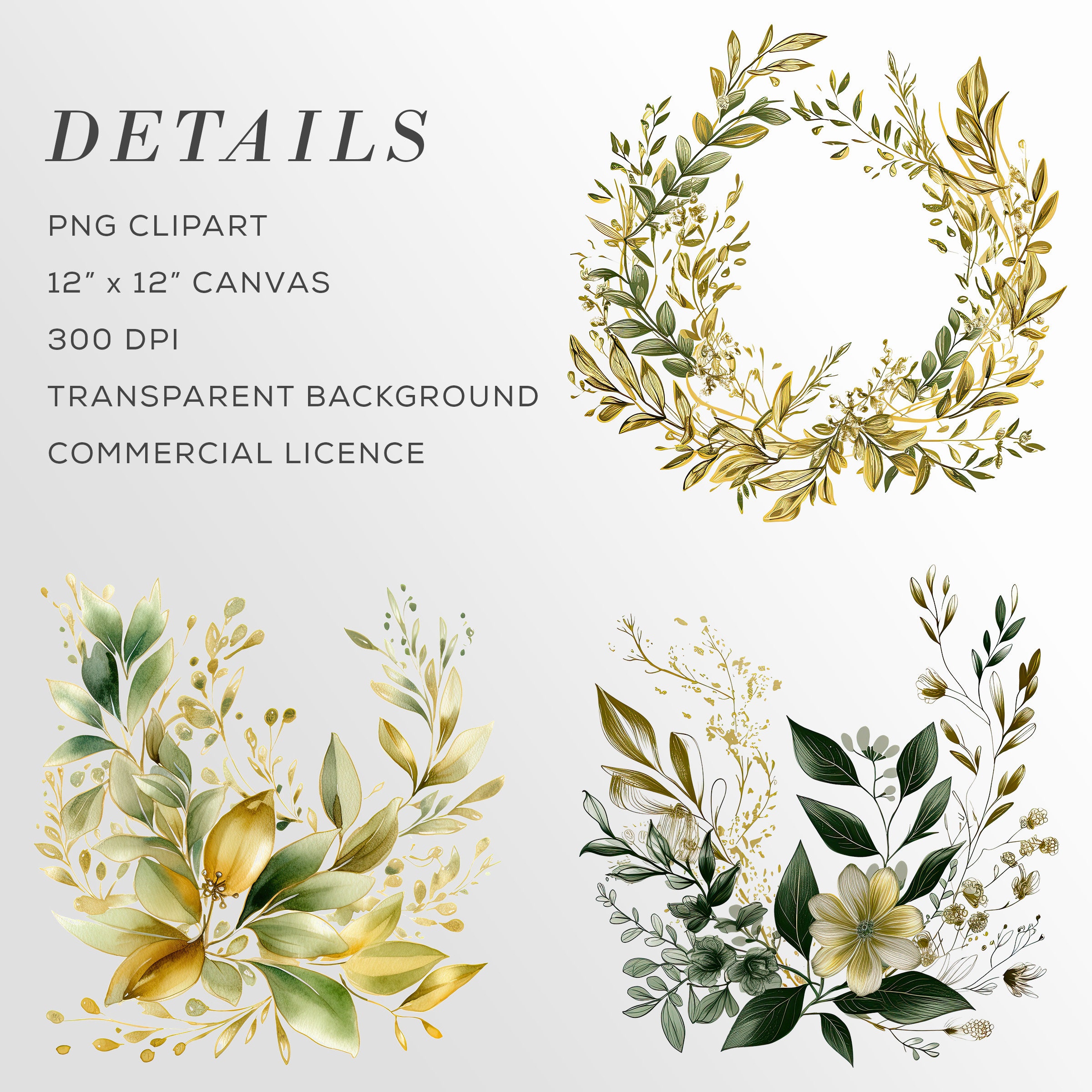 Green and Gold Floral Clipart, Watercolor Wreaths Borders Leaves ...