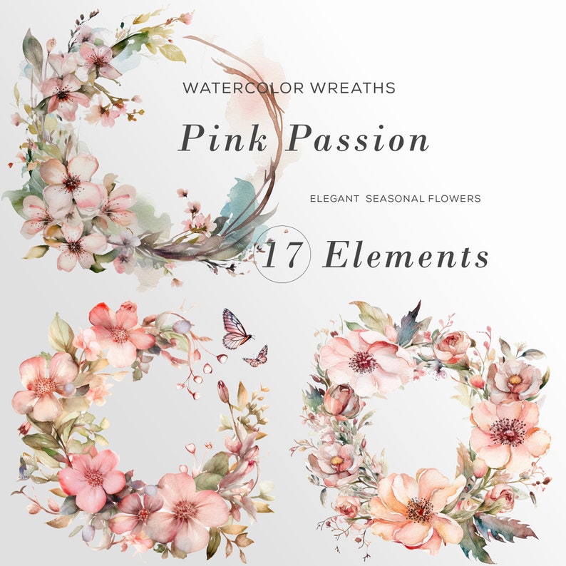 Pink Watercolor Wreath Clipart Botanical Wreath Floral - Etsy