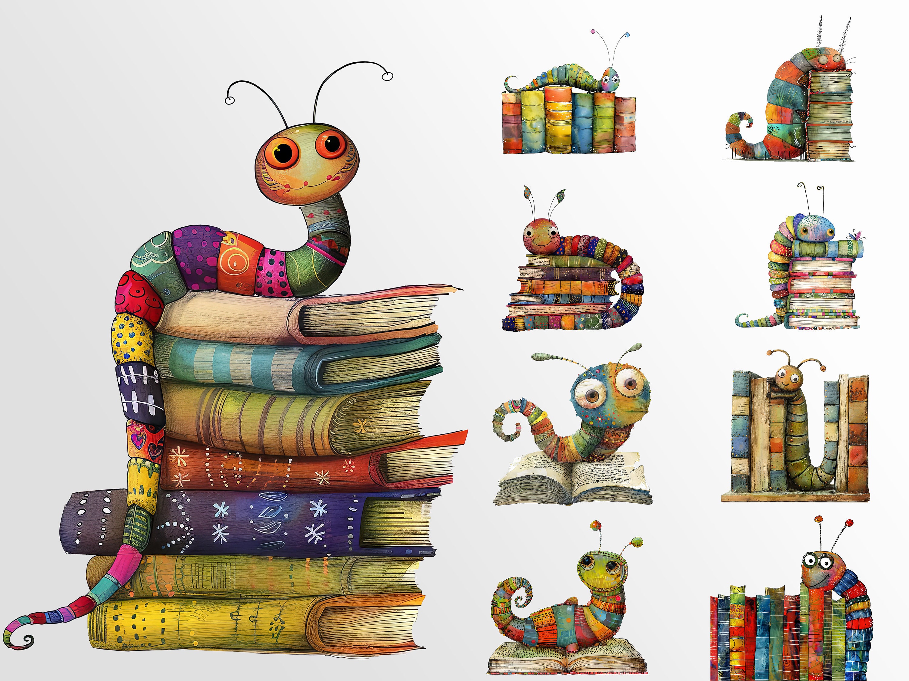 Whimsical Bookworms Clipart: Cute Files for Crafts and Decor, PNG ...