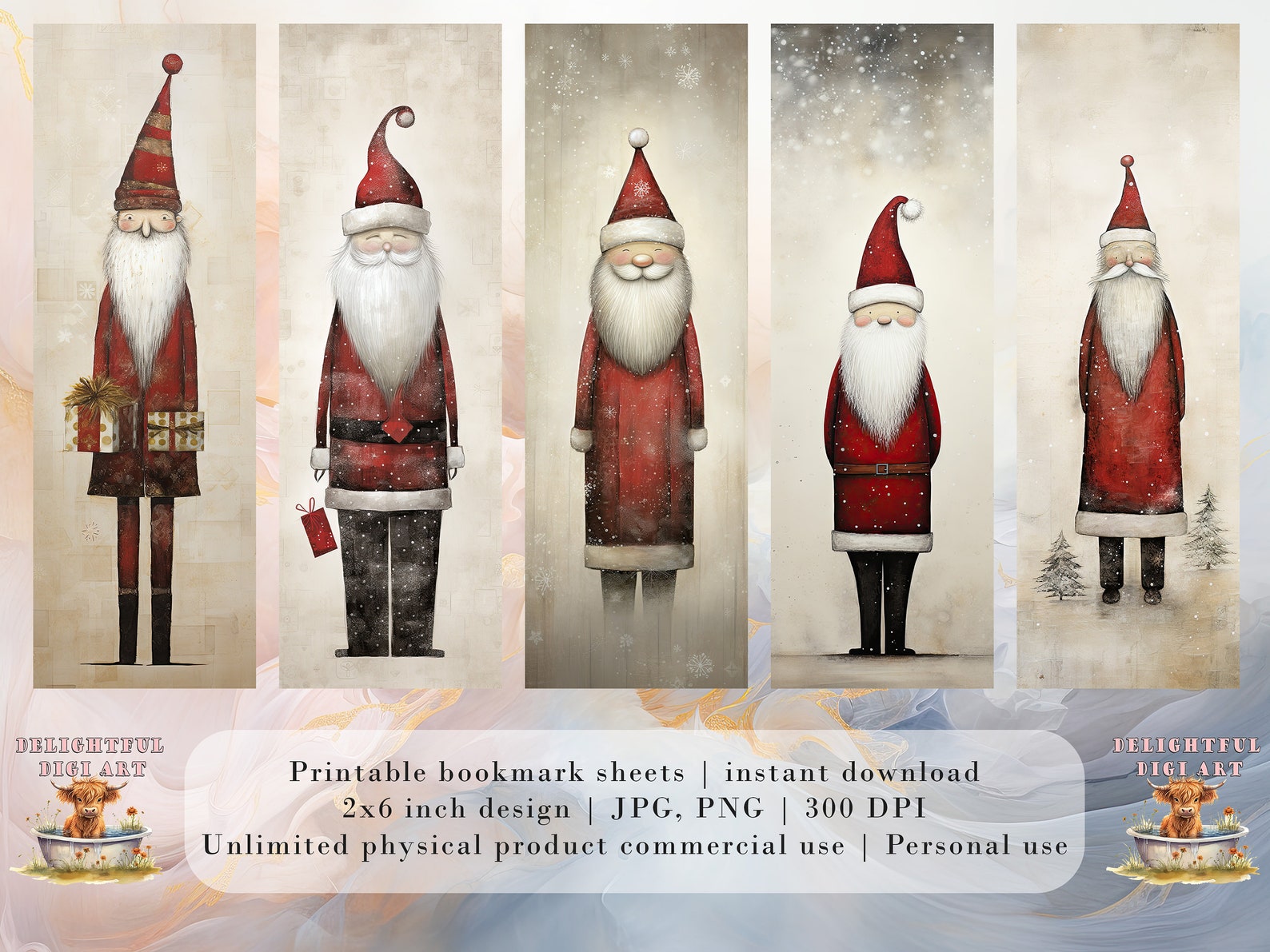 15 Whimsical Santa Printable Bookmarks: Digital Download JPG Bookmark ...