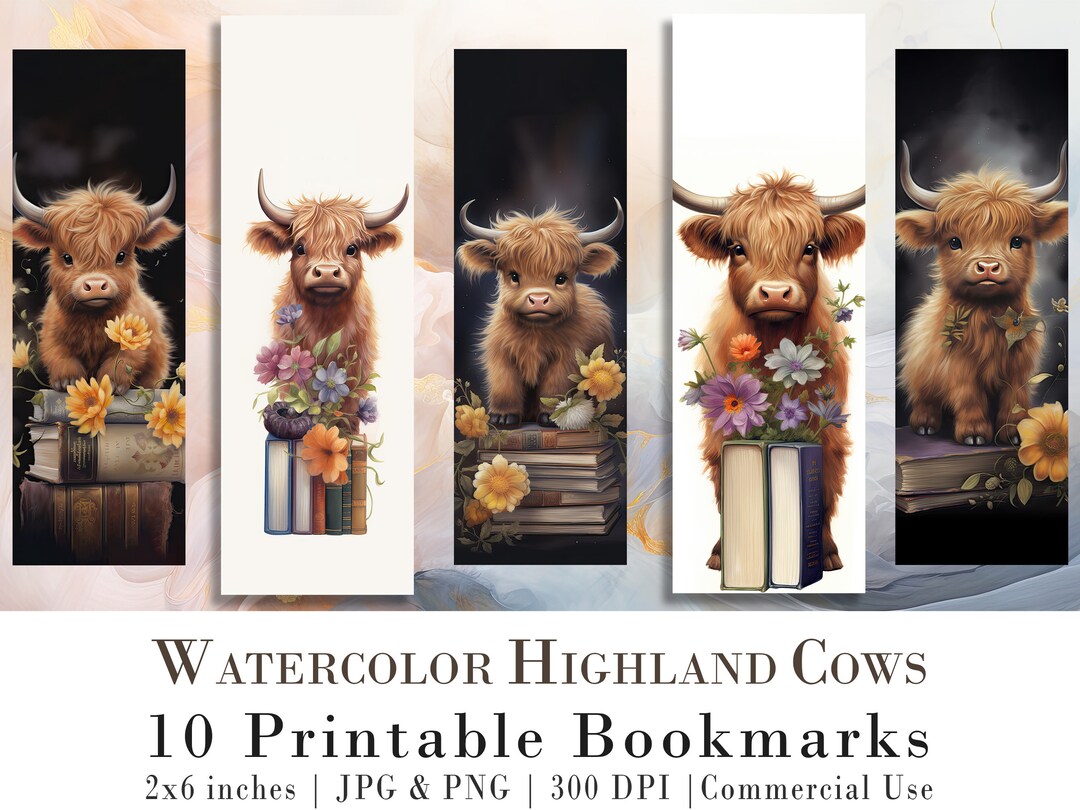 10 Watercolor Highland Cow Printable Bookmarks Digital - Etsy