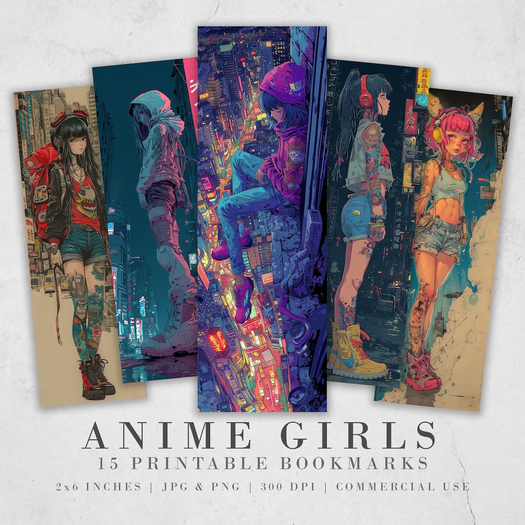 15 Anime Girls Printable Bookmarks| Cyberpunk Bookmark Sheets| PNG ...