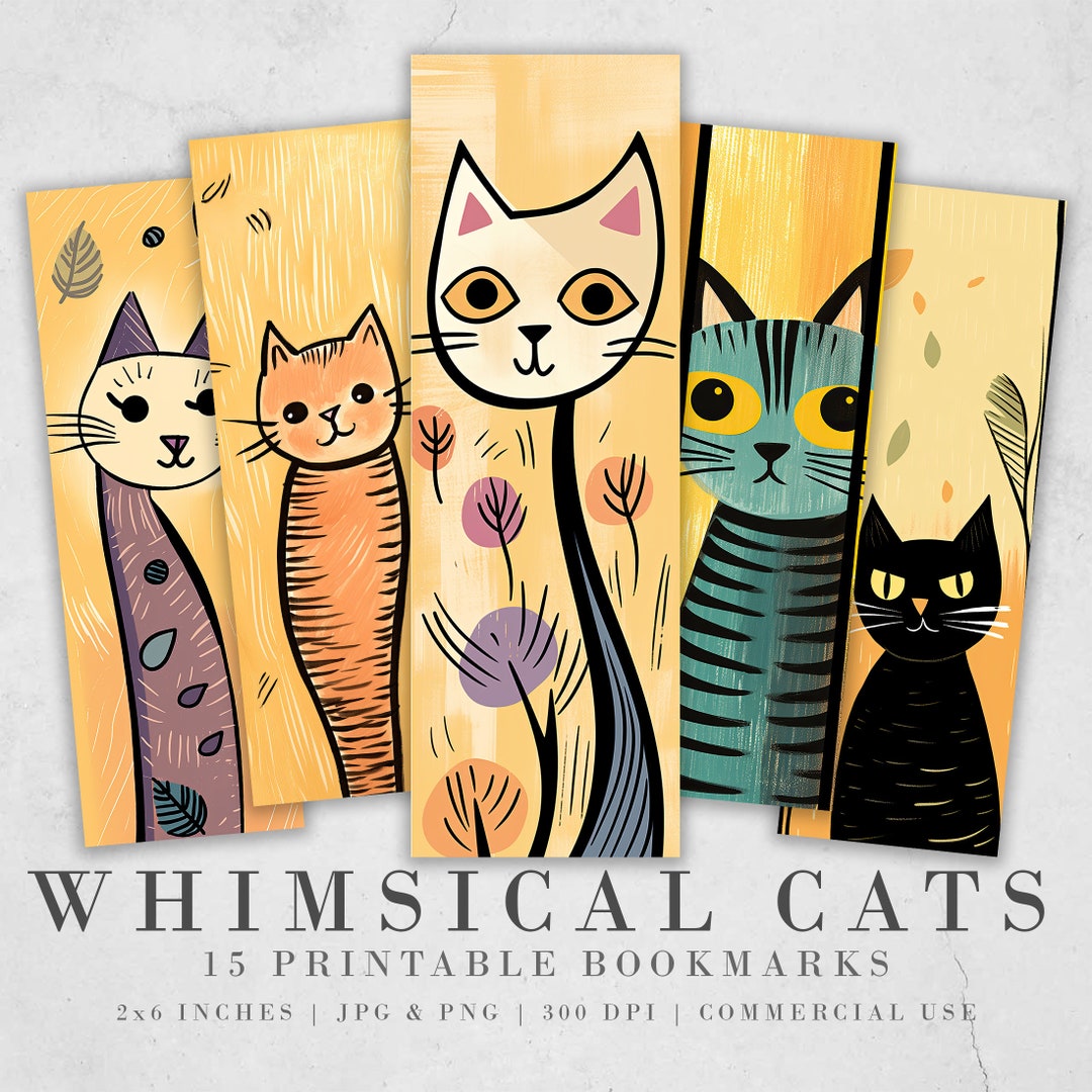 Whimsical Cats Printable Bookmarks| 15 Quirky Cat Bookmarks| PNG ...