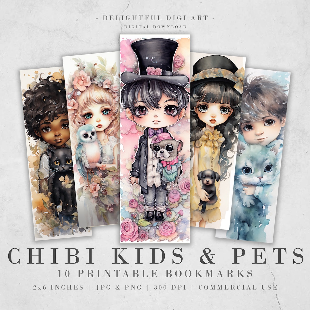 10 Chibi Kids & Pets Watercolor Printable Bookmarks | Digital Download ...