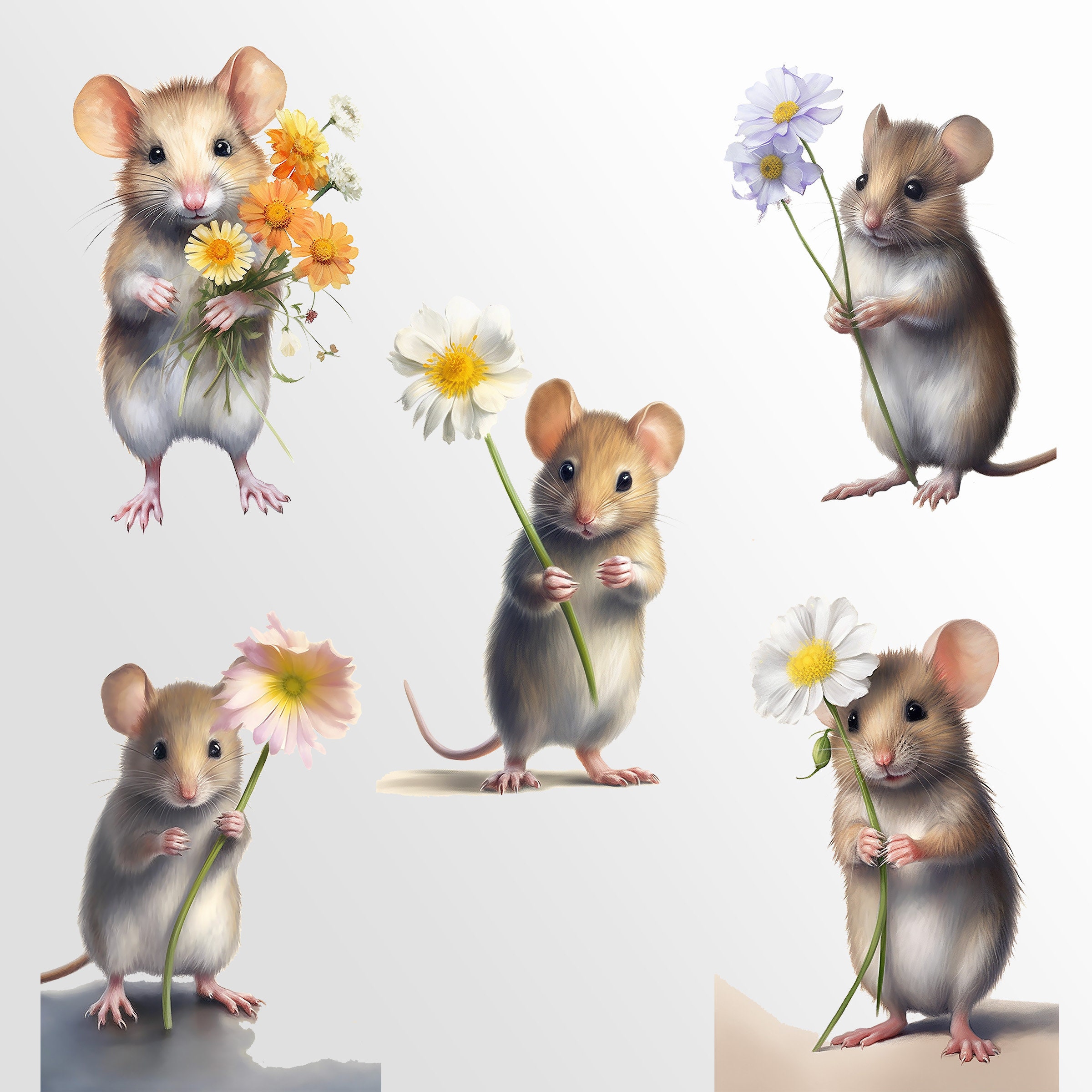 Mouse and Flower Clipart, PNG Bundle, Card Making, Digital Paper Craft ...
