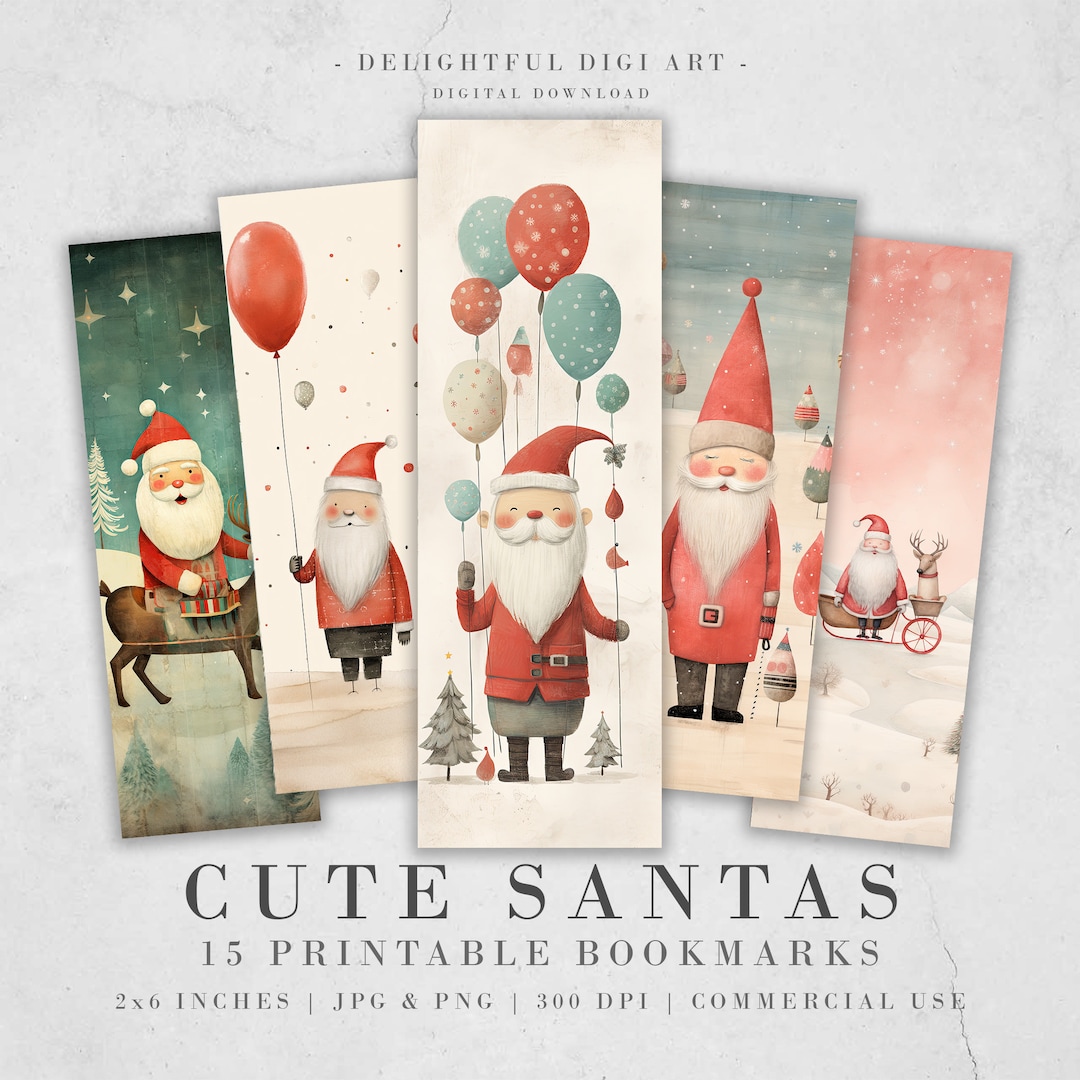 Cute Santa Printable Bookmarks: JPG Bookmark Sheets| PNG Bookmark ...