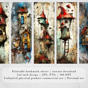 Whimsical Houses Printable Bookmarks| Mixed Media Bookmark Sheets| PNG ...