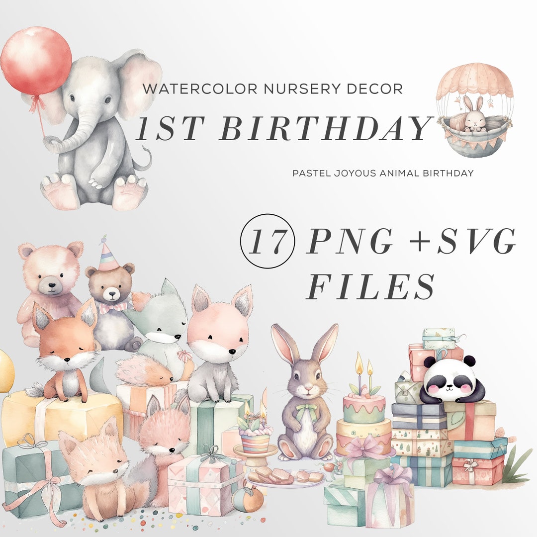 Baby Birthday Clipart, Watercolor Animals Birthday Clipart, Baby Shower ...