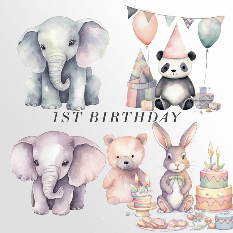 Baby Birthday Clipart Watercolor Animals Birthday Clipart - Etsy
