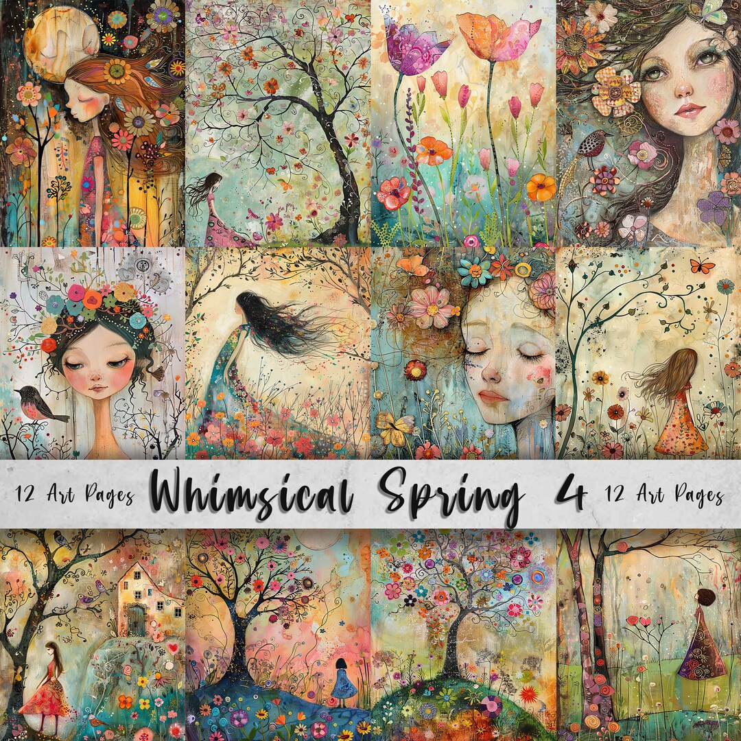 Whimsical Spring 4, Printable Art Pages, Quirky Art Pack, Flowers ...