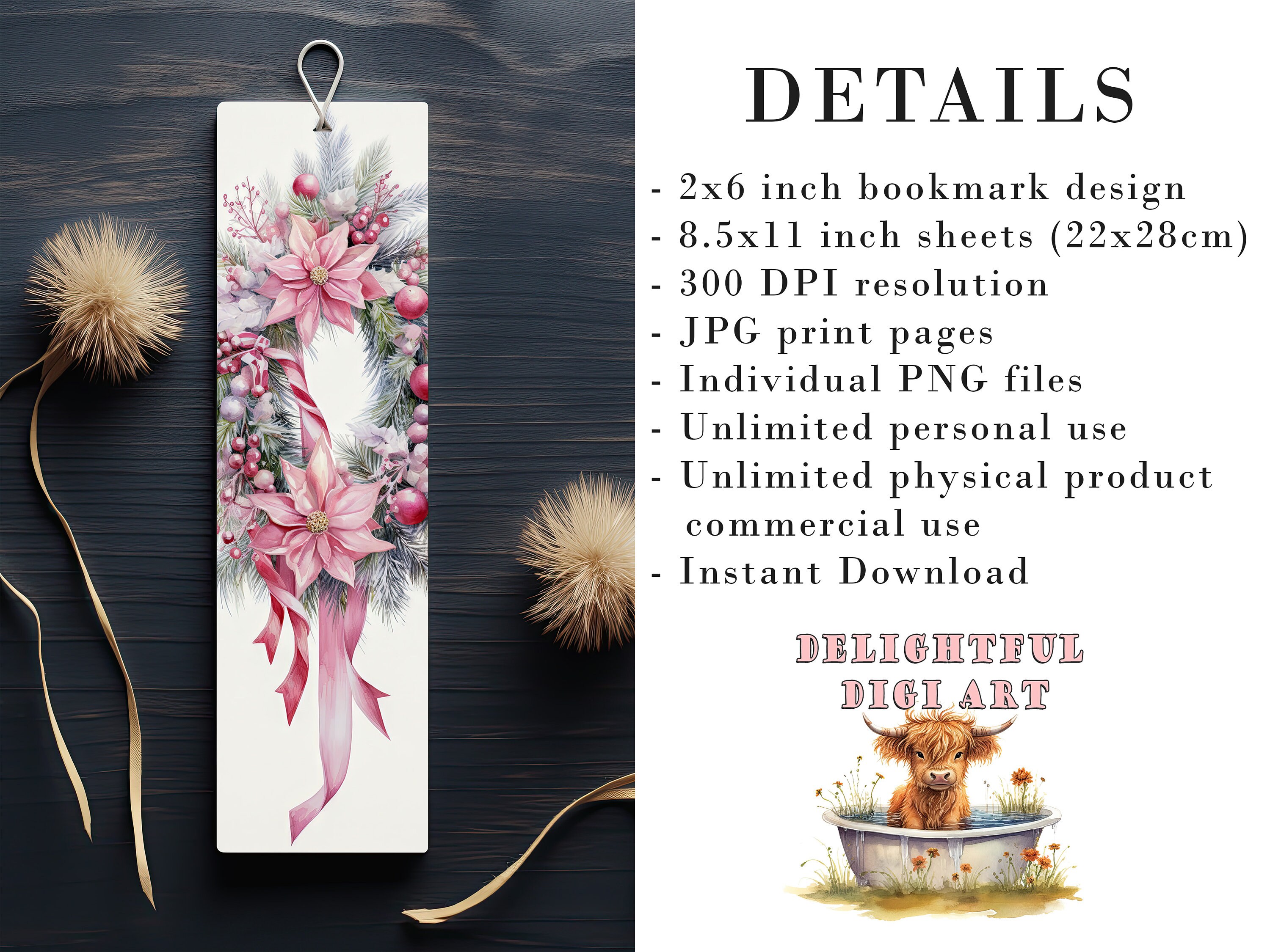 20 Cute Pink Christmas Printable Bookmarks | Digital Download JPG ...